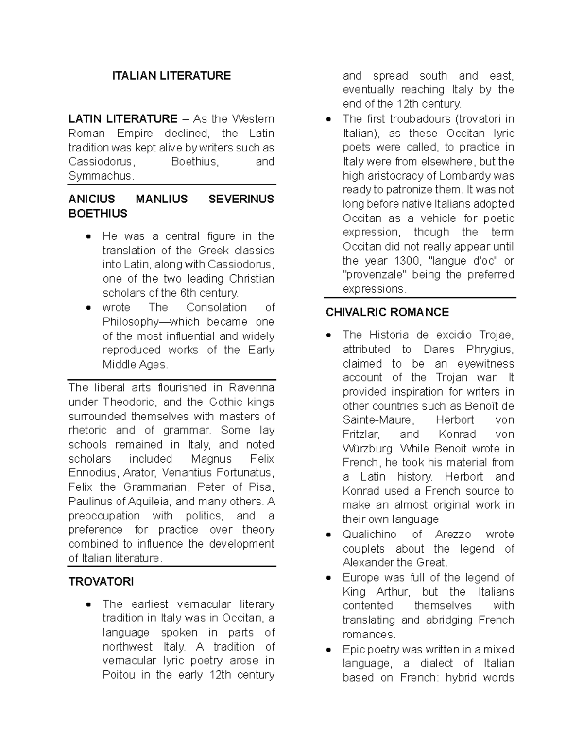 Italian- Literature- Revieewer - ITALIAN LITERATURE LATIN LITERATURE ...