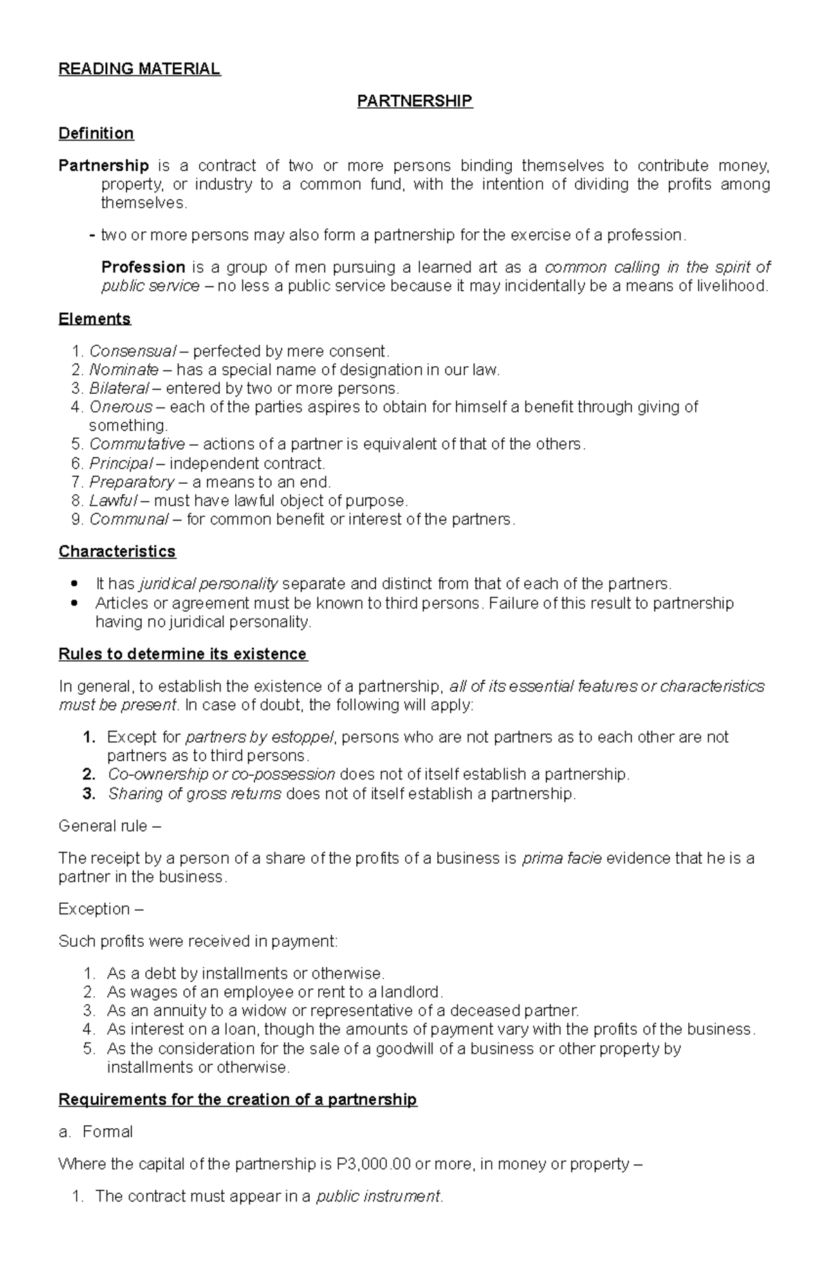 Partnership Notes - READING MATERIAL PARTNERSHIP Definition Partnership ...