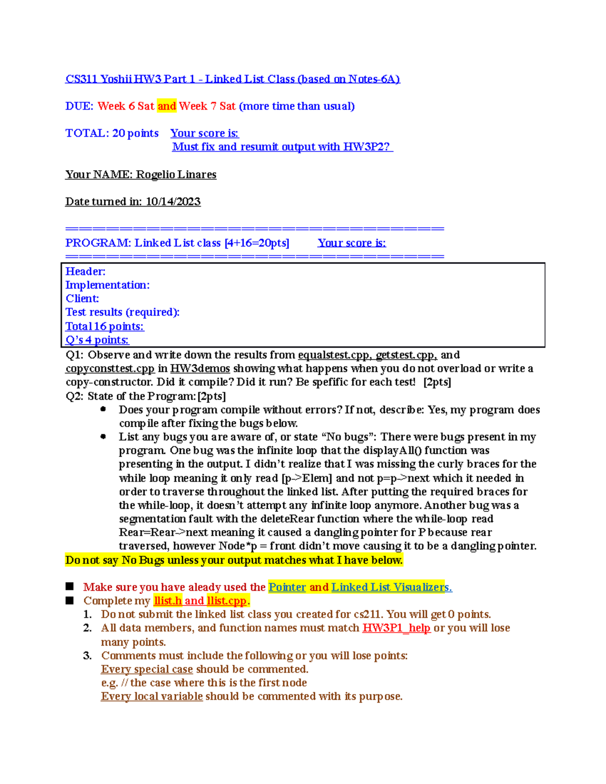 Hw3p1 Llist W6s7s Rogelio Linares Final Cs311 Yoshii Hw3 Part 1 Linked List Class Based On