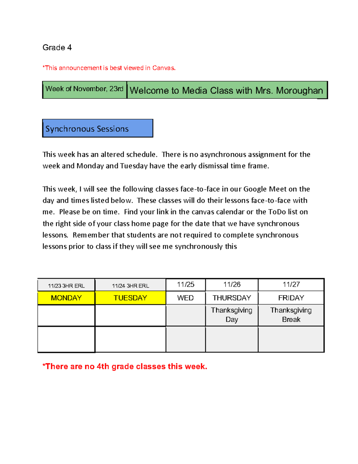 4th Grade Announcement for the Week of November 23rd - Grade 4 *This ...