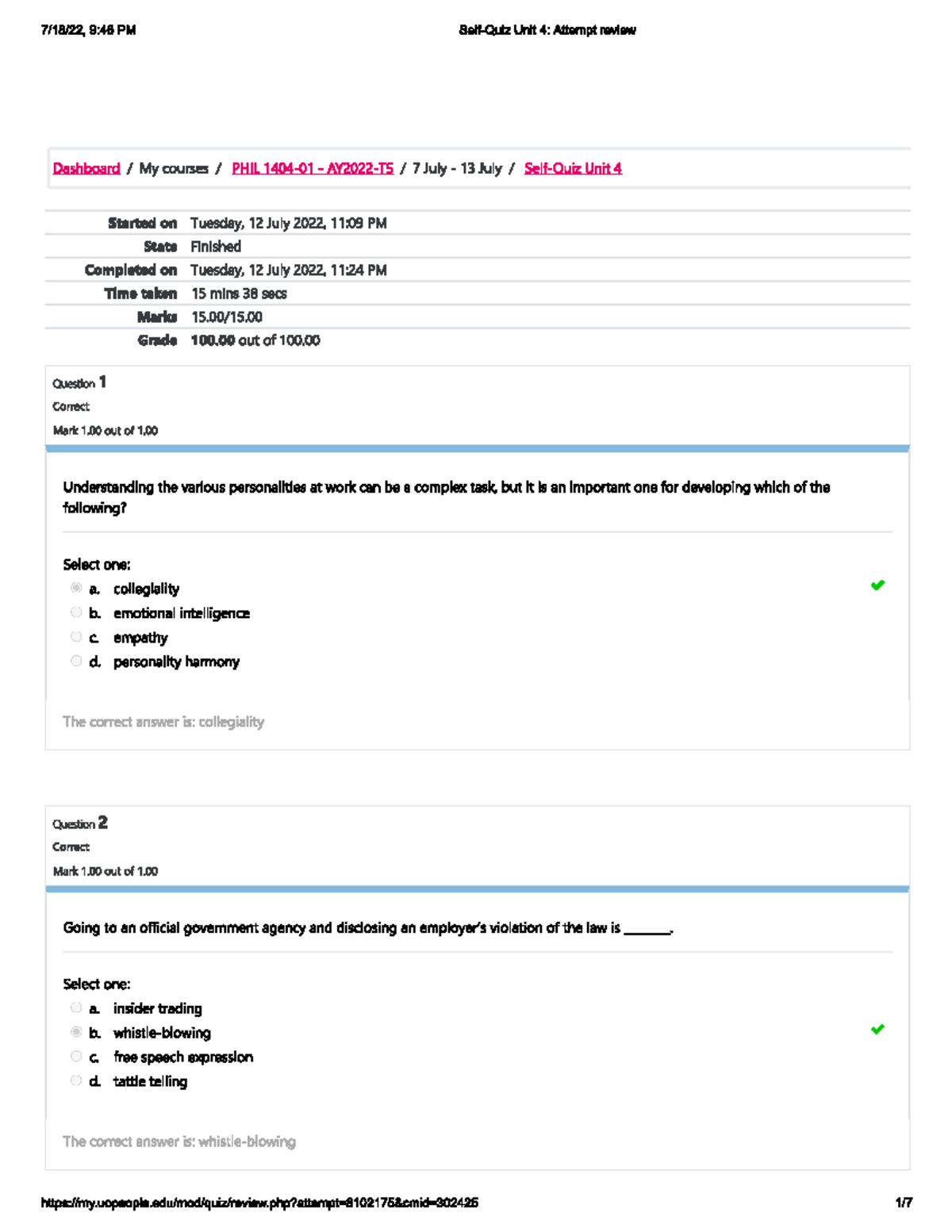 Self Quiz Unit 4 - PHIL 1404-01 Ethics and Social Responsibility - AY2022-T5 - 9:46 PM Unit 4 ...