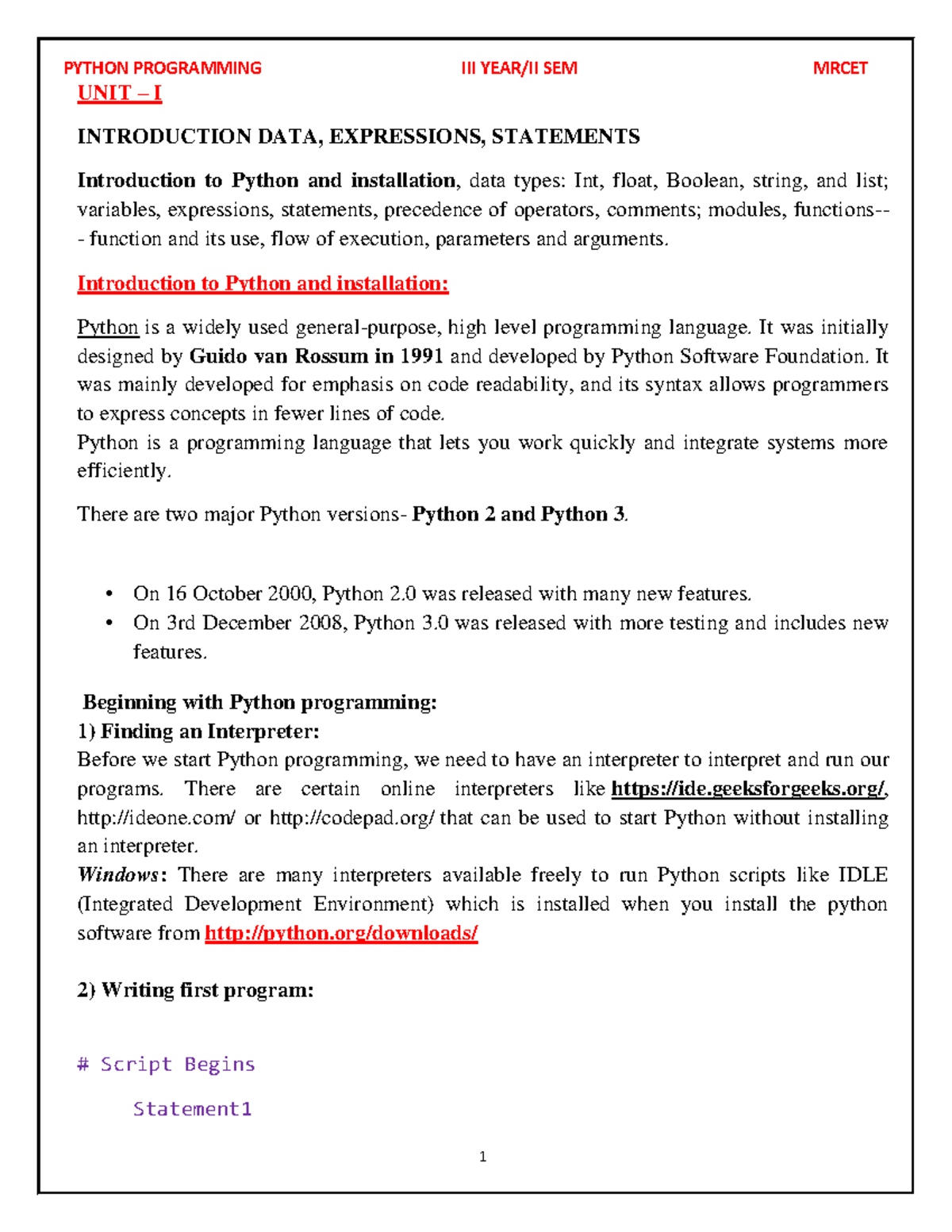 Python Programming Notes Removedpython Unit I Introduction Data Expressions Statements