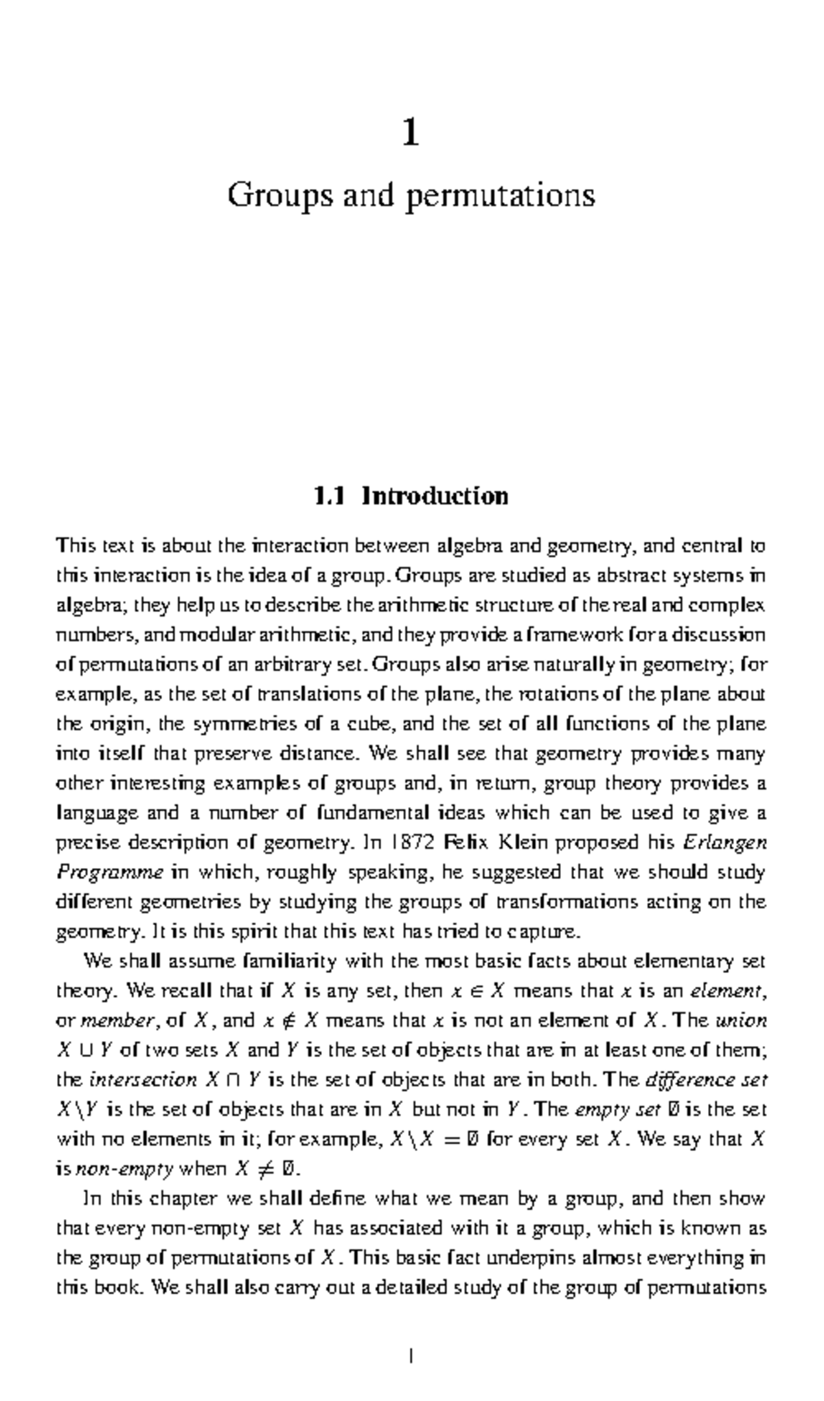 Algebra and geometry - groups - 1 Groups and permutations 1 Introduction This text is about the ...