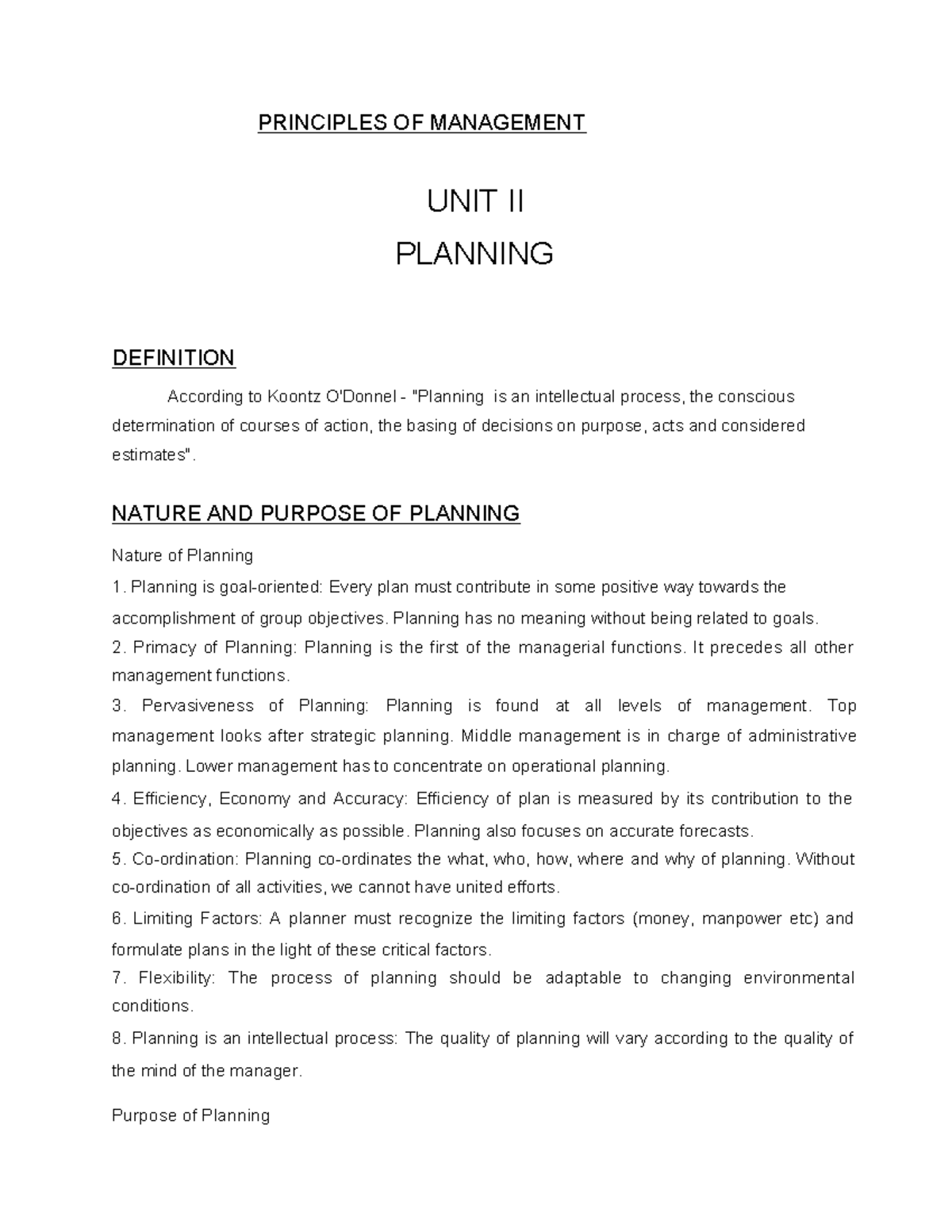 POM U2 - Principles of Management - PRINCIPLES OF MANAGEMENT UNIT II PLANNING DEFINITION ...