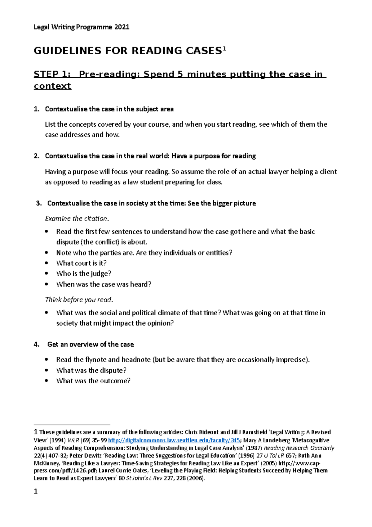 1.1 Guidelines for reading cases - GUIDELINES FOR READING CASES 1 STEP ...