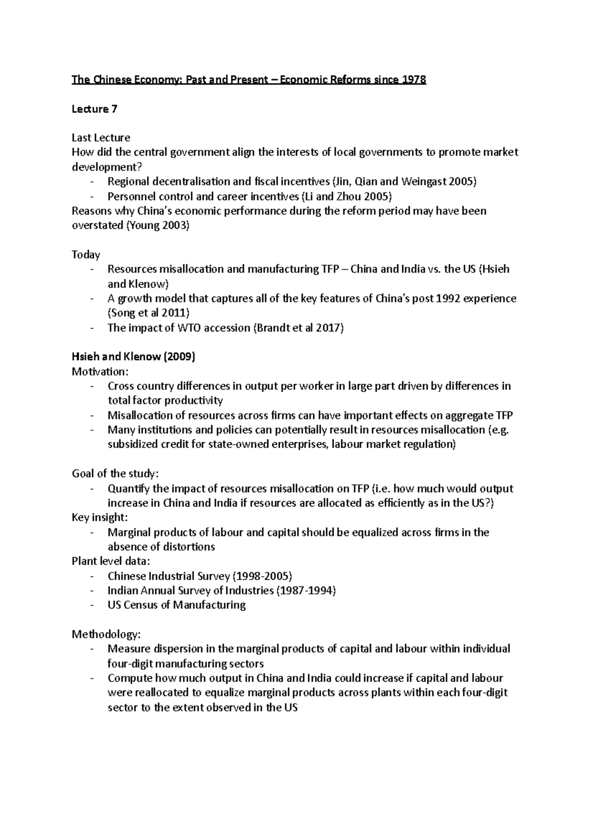 China Week 7 - Week 7 notes - The Chinese Economy: Past and Present ...