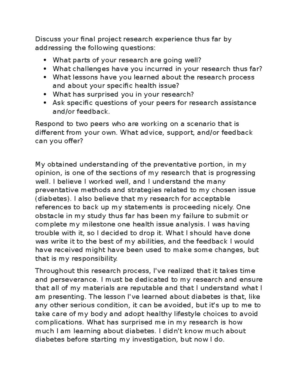 IHP 200 Discussion 5 - Discuss your final project research experience ...