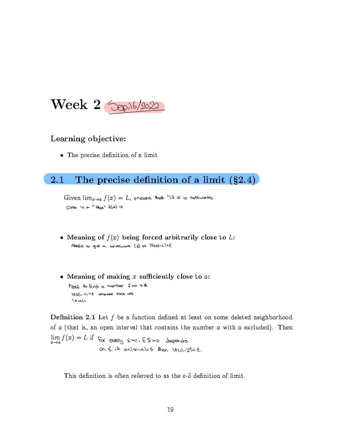 Week 2 - Calculus Note Week 2 - Week 2 Learning objective: - The ...