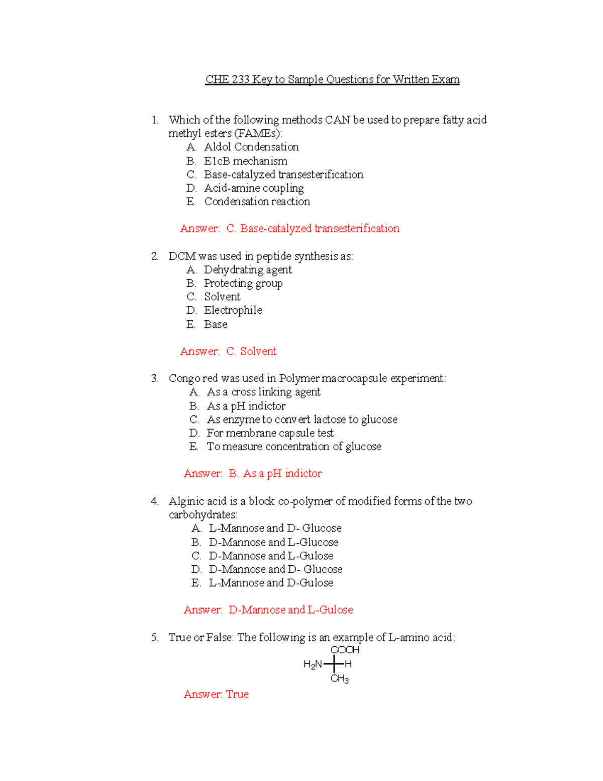 CHE233 key to sample questions for exam - CHE 233 Key to Sample ...