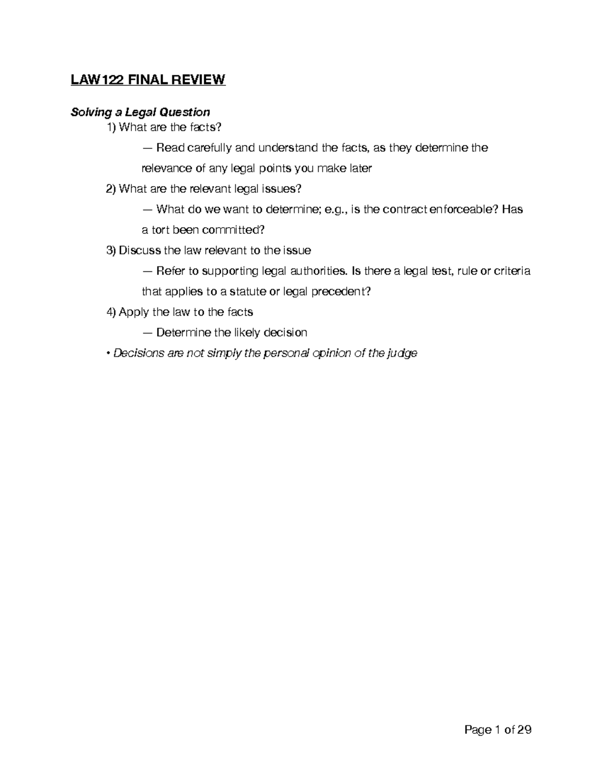 LAW122 Final Review - LAW122 FINAL REVIEW Solving a Legal Question 1 ...