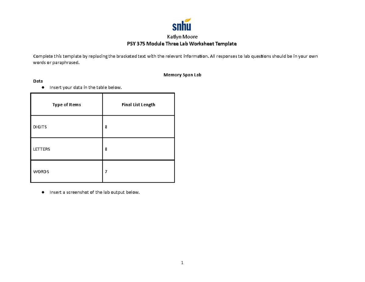 Module 3 LAB Worksheet - Katlyn Moore PSY 375 Module Three Lab Worksheet Template Complete this ...