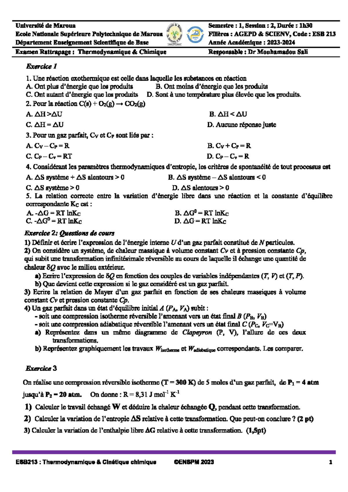 ESB 213 ER Enspm 2324 - Thermodynamique et Cinétique chimique - Studocu
