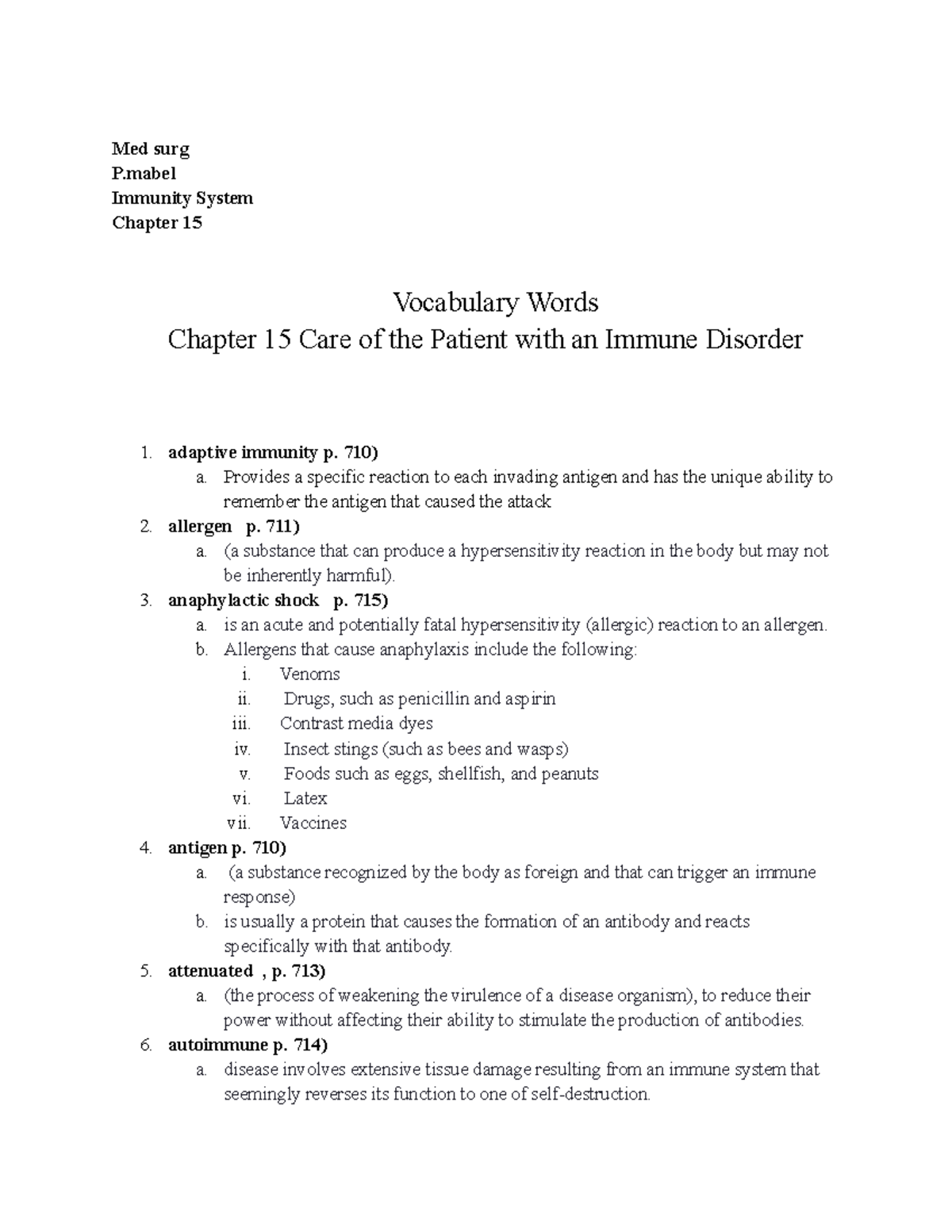 Chapter 15 vocabulary words - Med surg P Immunity System Chapter 15 ...