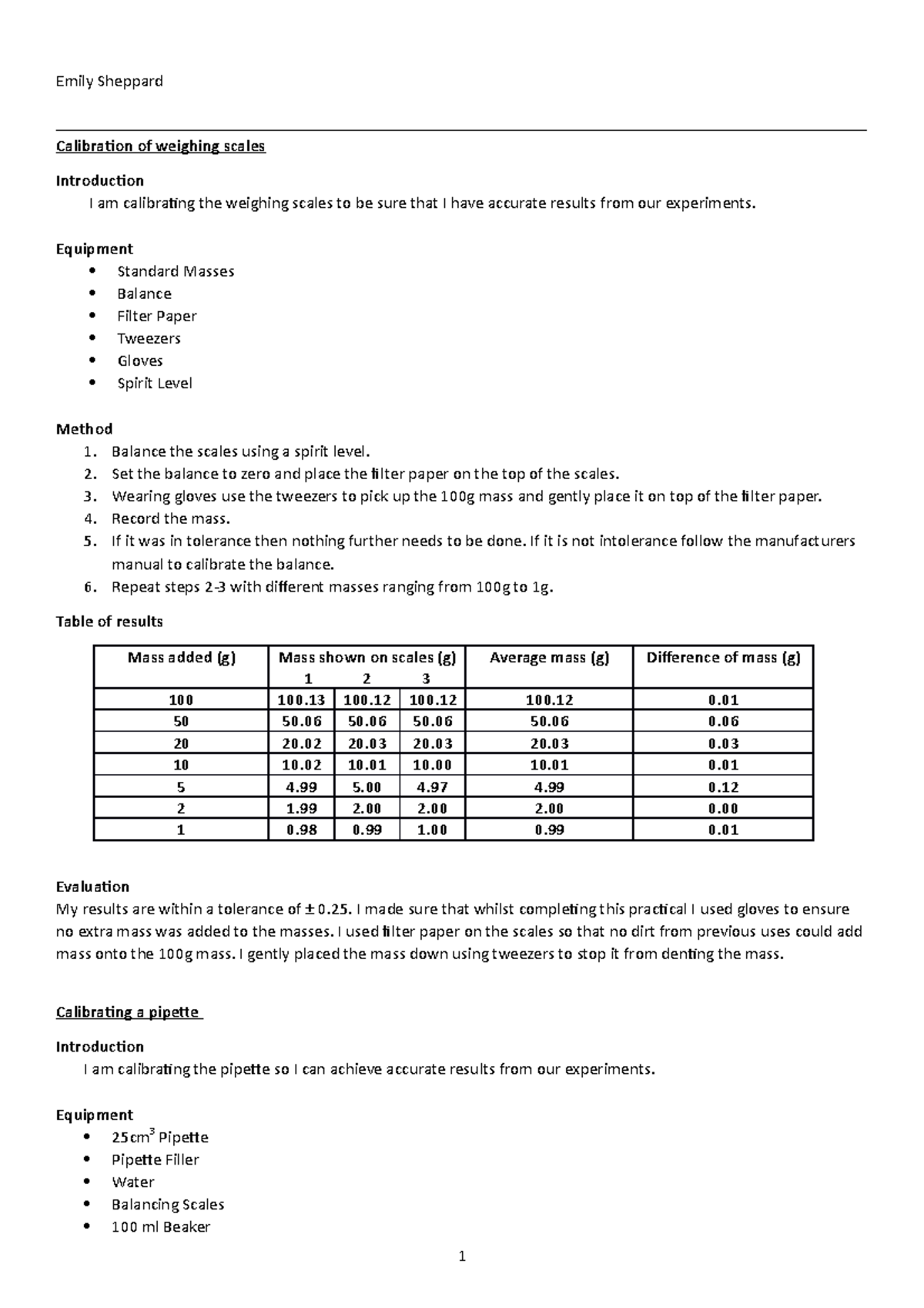Example - applied science - Calibration of weighing scales Introduction ...