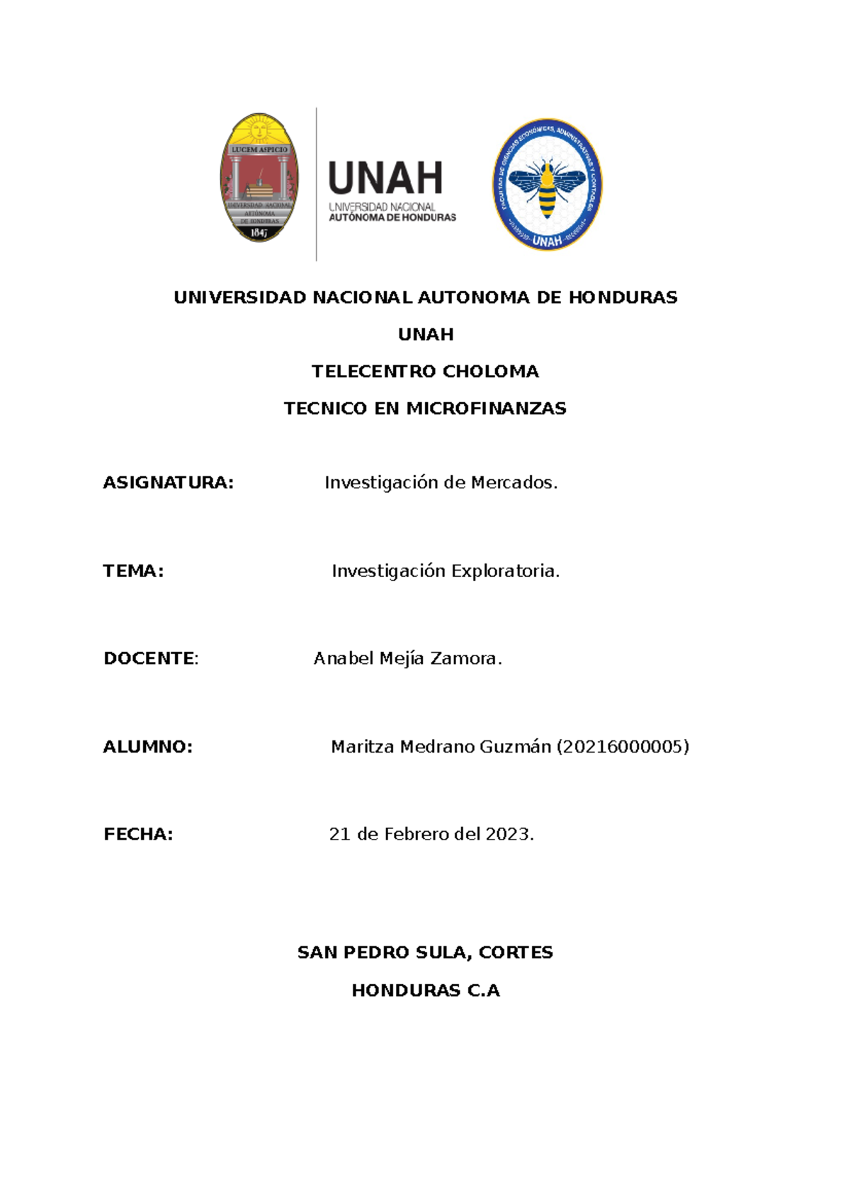 Medrano Maritza U1T3a6 - UNIVERSIDAD NACIONAL AUTONOMA DE HONDURAS UNAH ...