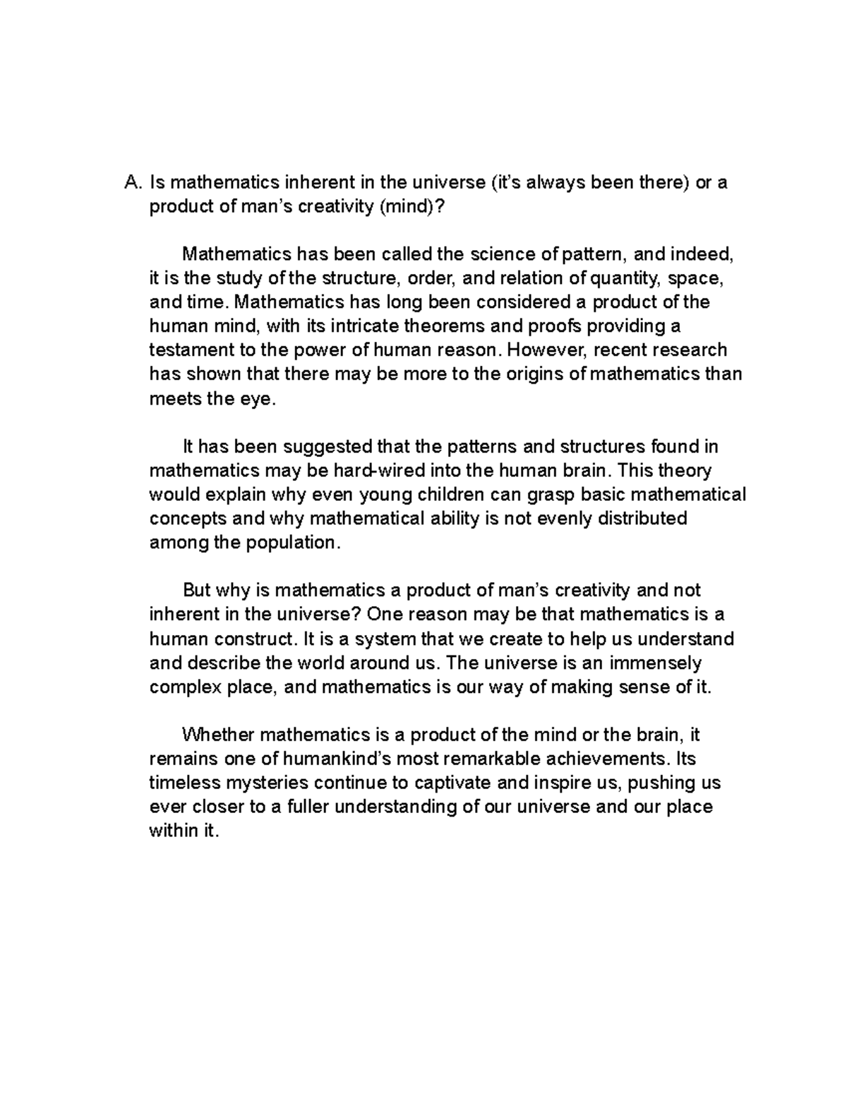 Math appreciation - coursework - A. Is mathematics inherent in the ...