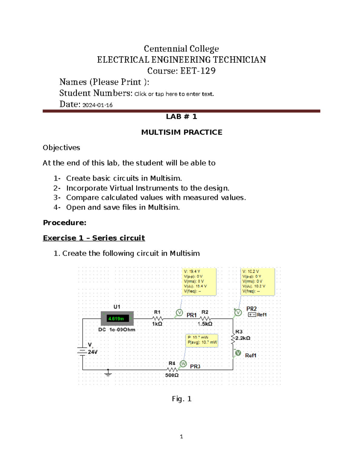 EET-129 LAB 1 Multisim Practice-Rev 2 - Centennial College ELECTRICAL ENGINEERING TECHNICIAN ...