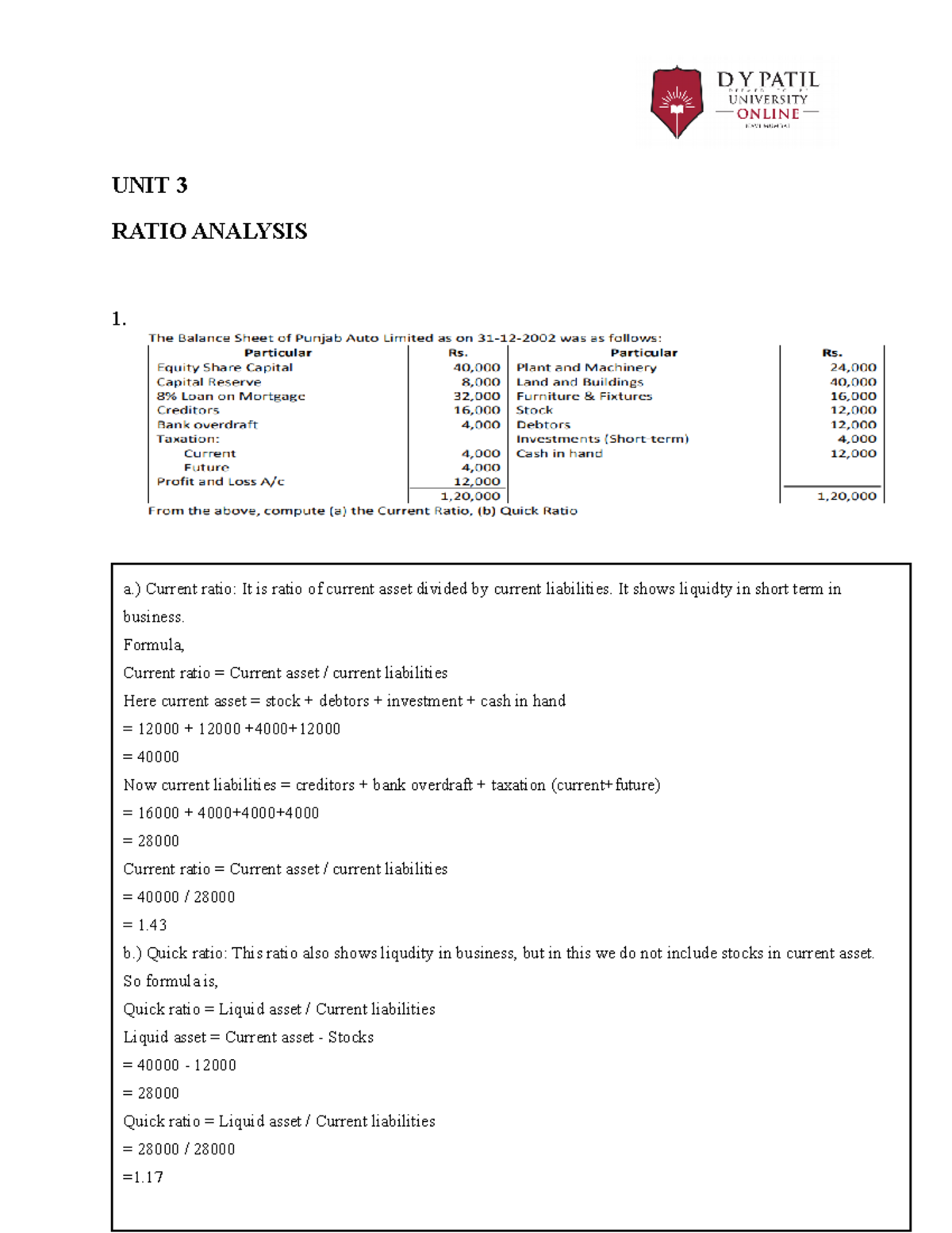 Assingnment Ratio Analyasis - UNIT 3 RATIO ANALYSIS 1. 2. From the following particulars ...