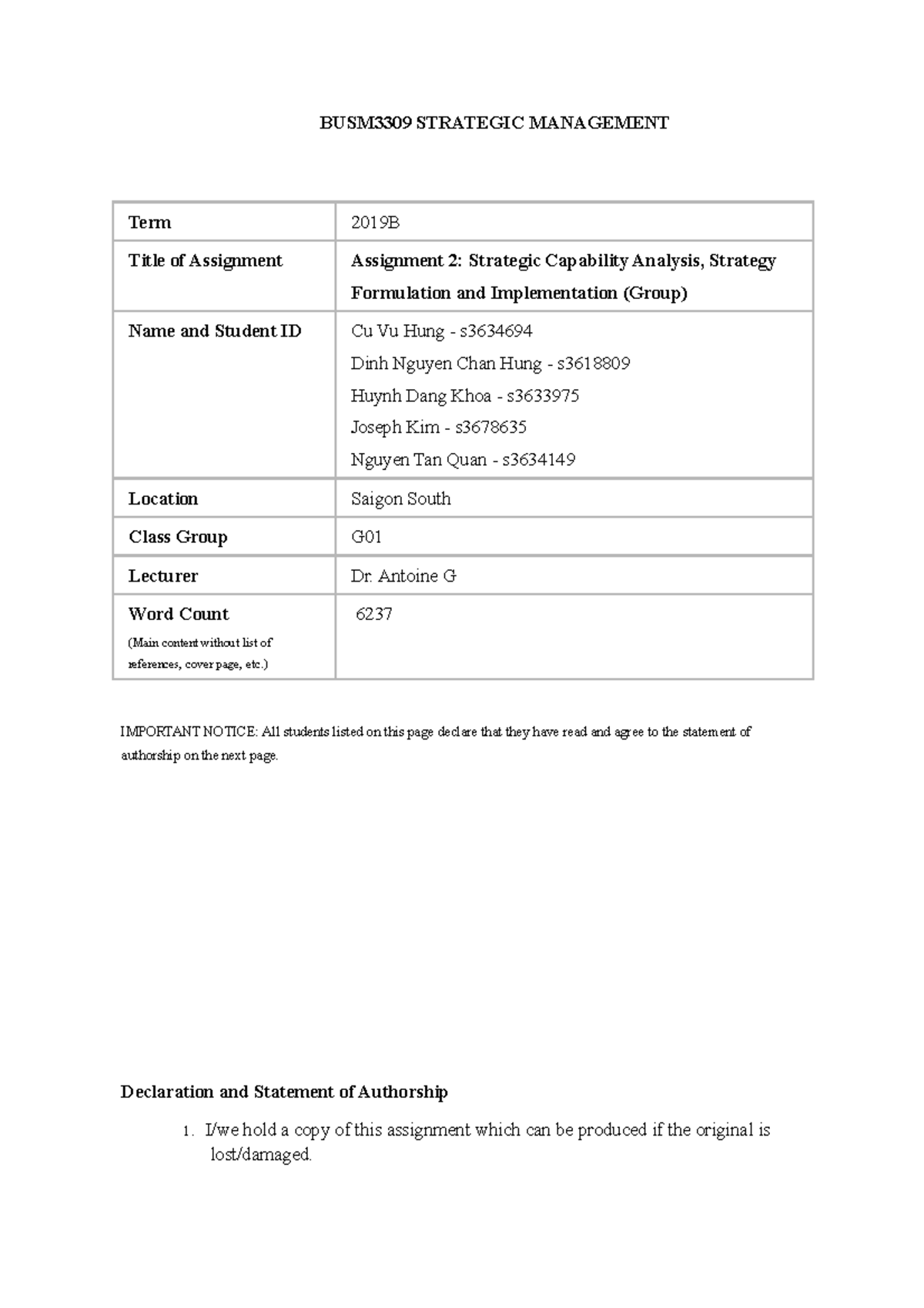assignment 2 strategic management rmit - BUSM3309 STRATEGIC MANAGEMENT ...