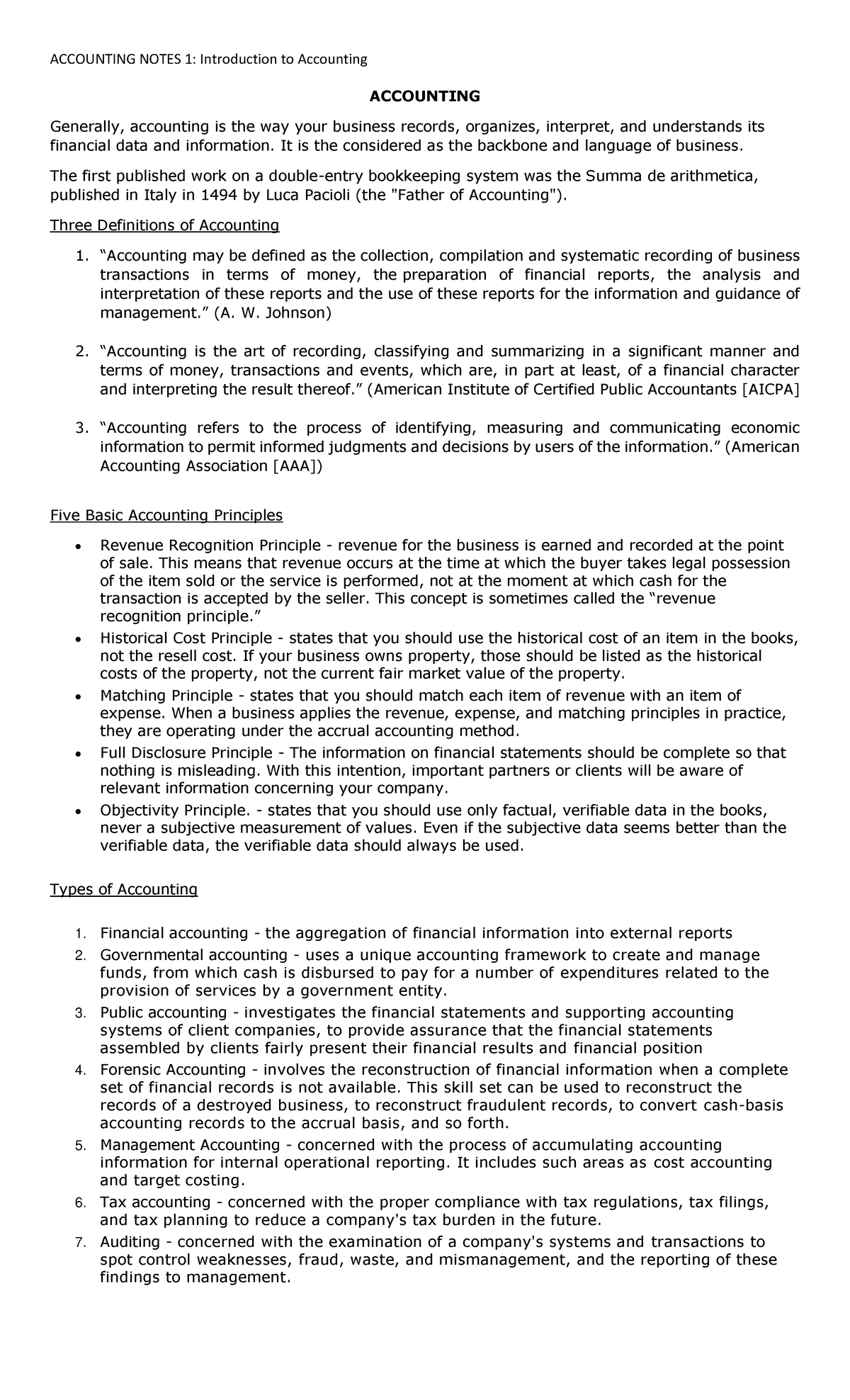Basic Accounting Study Notes 1 - ACCOUNTING NOTES 1: Introduction to ...