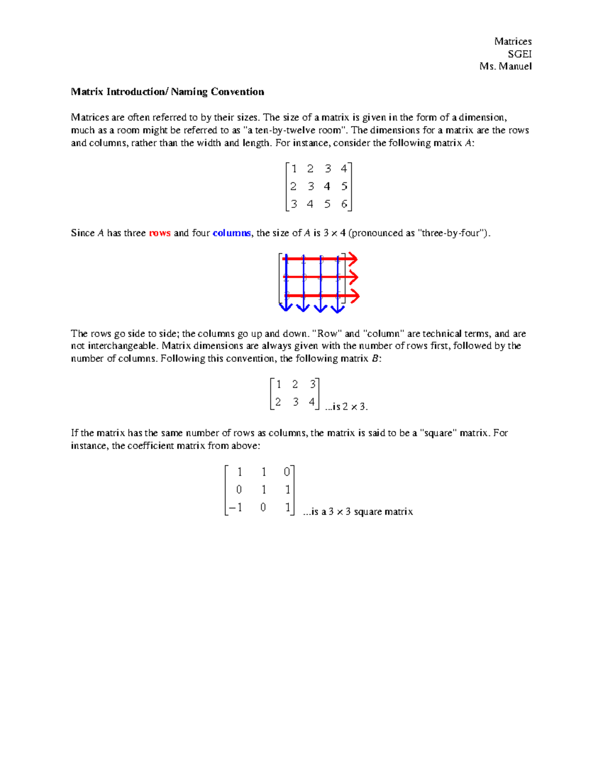Matrices - math alge - SGEI Ms. Manuel Matrix Introduction/ Naming ...