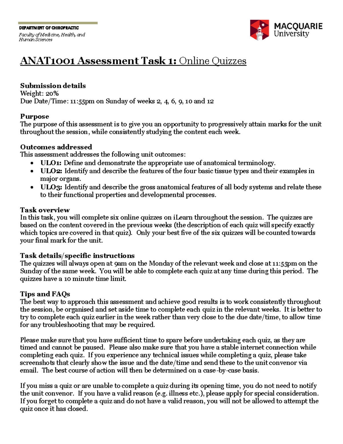ANAT1001 online quizzes assessment task sheet - DEPARTMENT OF ...