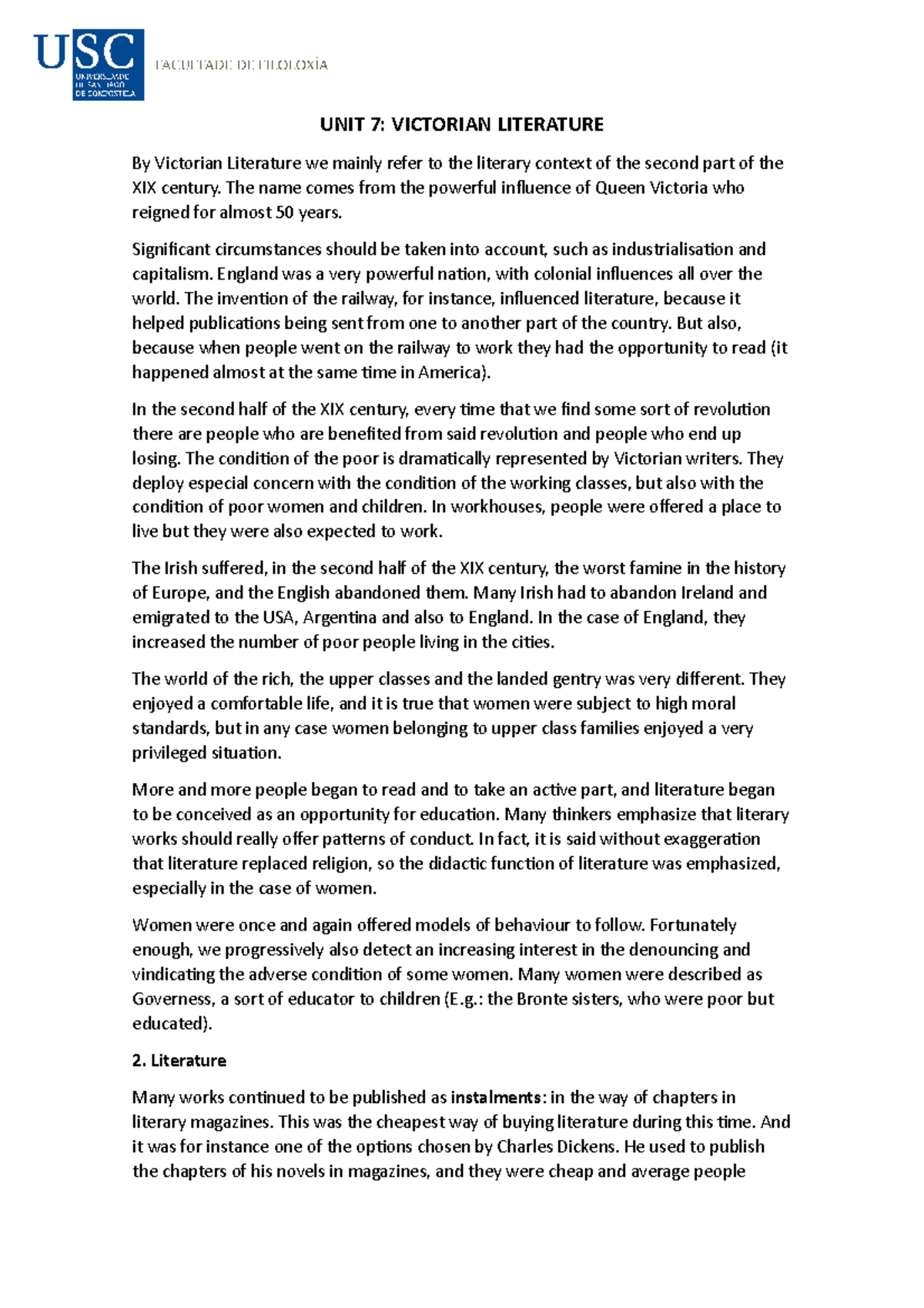 UNIT 7 - Lecture notes 7 - UNIT 7: VICTORIAN LITERATURE By Victorian ...