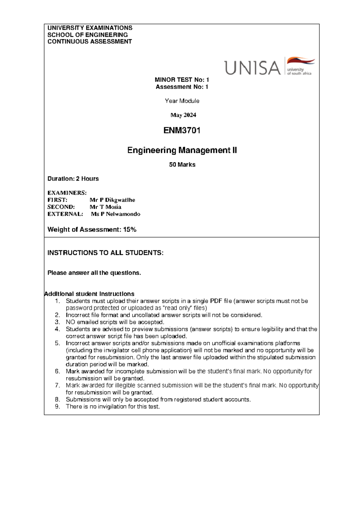 ENM - Minor Test 1 - Lecture Notes - UNIVERSITY EXAMINATIONS SCHOOL OF ...