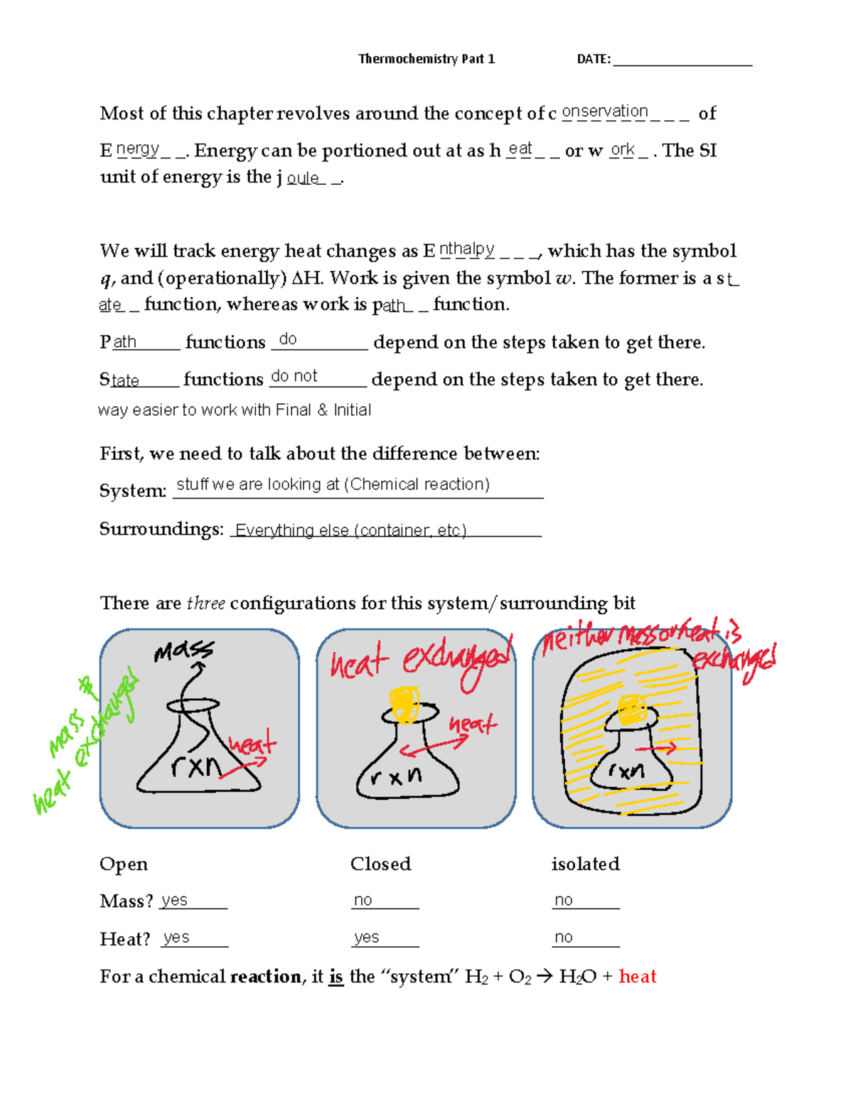 CHEM 120 In Class Worksheet Day 17 Chapter 7 Thermochemistry part 1 ...