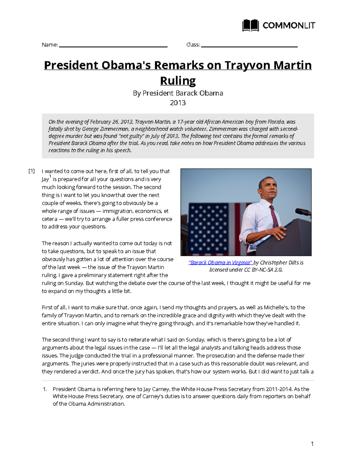 President Obama's Remarks on Trayvon Martin Ruling-teacher-12 - Name ...