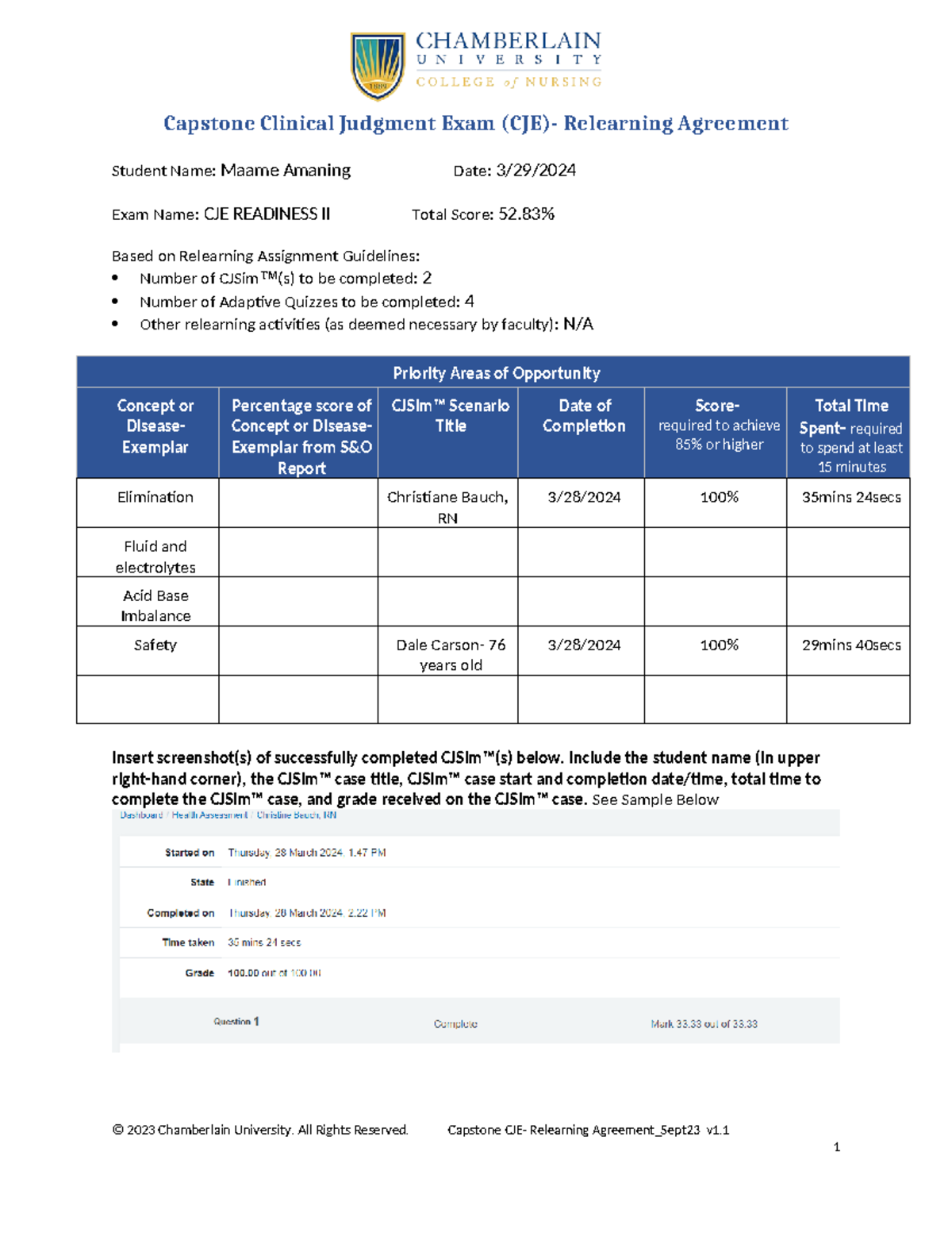 Capstone CJE-Benchmark Relearning Agreement week 4 - Capstone Clinical ...
