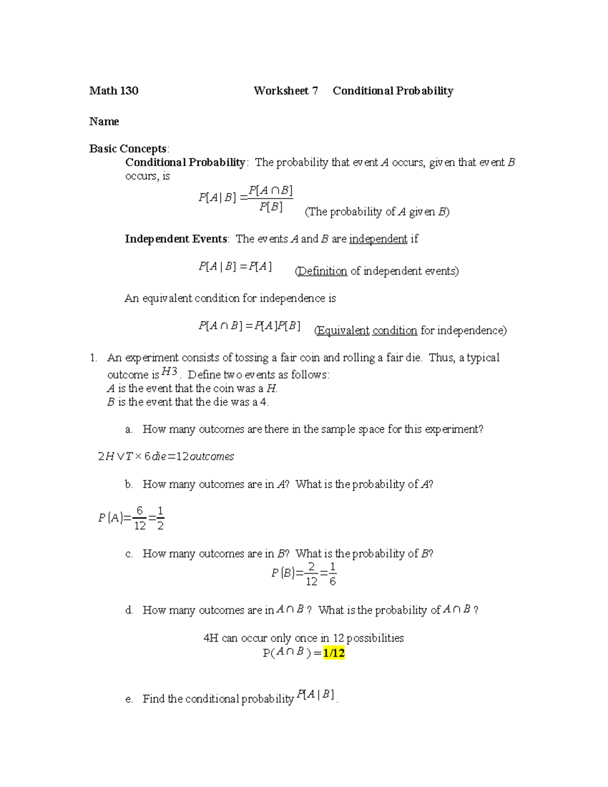 Studocu Worksheet-7-Conditional Probability - Math 130 Worksheet 7 ...