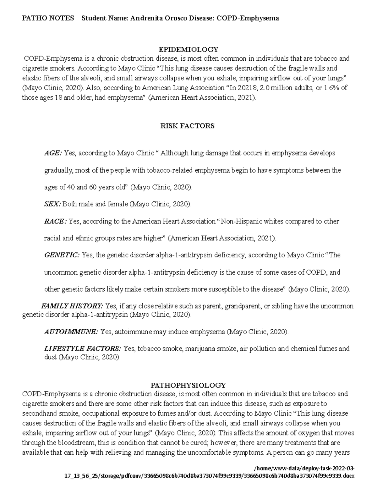 COPD Emphysema Ptho Note - PATHO NOTES Student Name: Andrenita Orosco ...