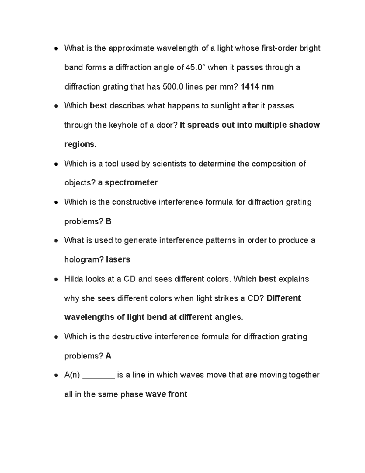Diffraction Quiz - Here are some notes that you can use. - What is the ...