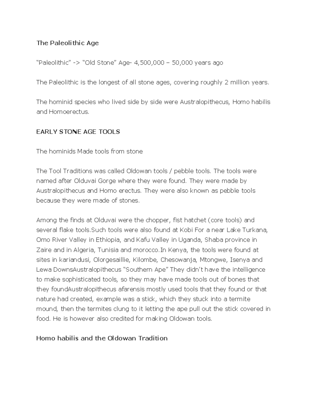 444 - history notes - The Paleolithic Age “Paleolithic” -> “Old Stone ...