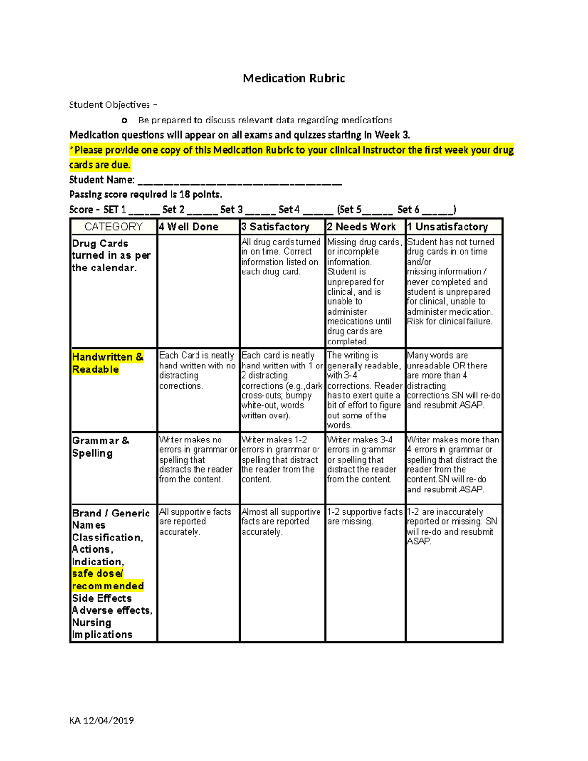 Medication Rubric -Care Management III - Medication Rubric Student ...