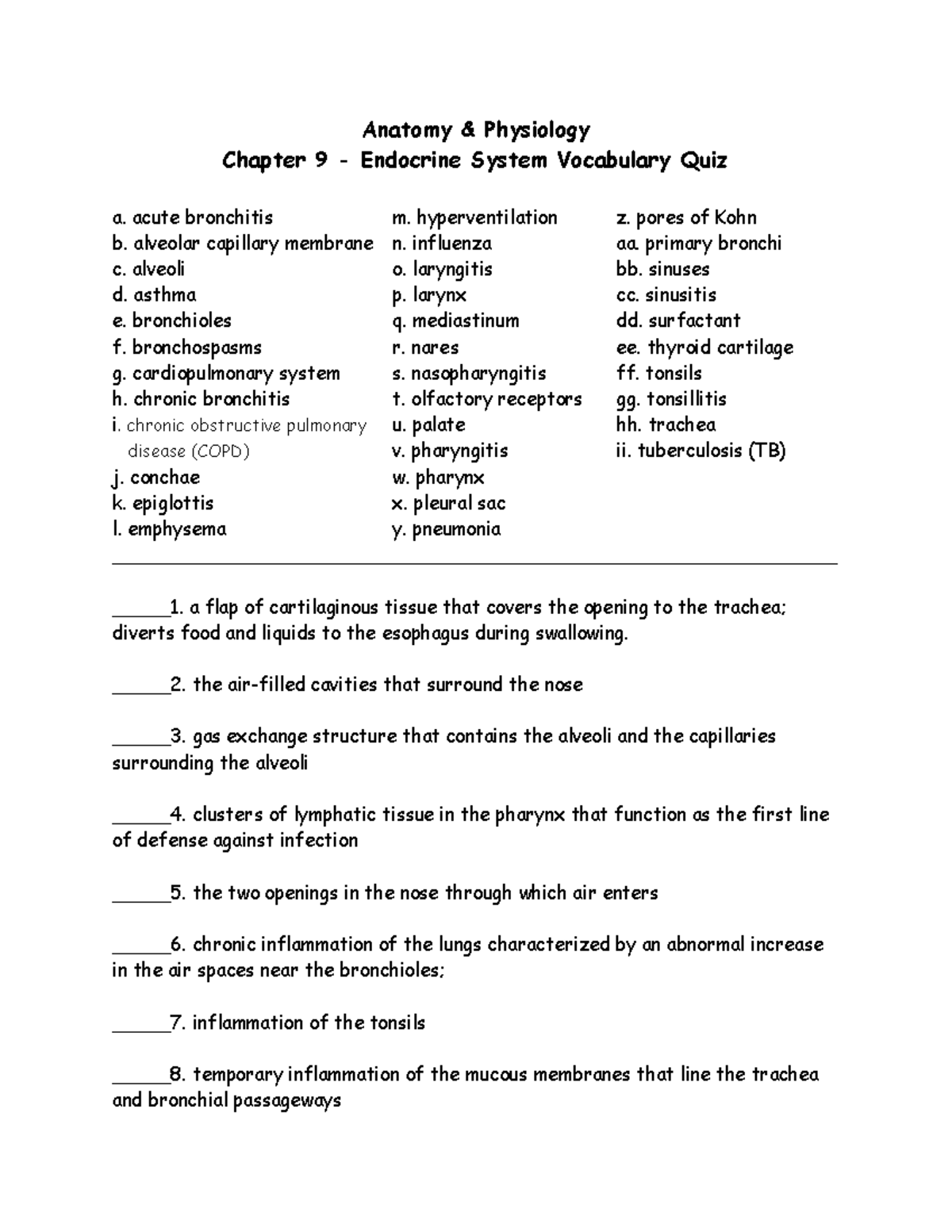 Intro A P - Chpt 9 Endocrine System Vocabulary Quiz - Anatomy ...