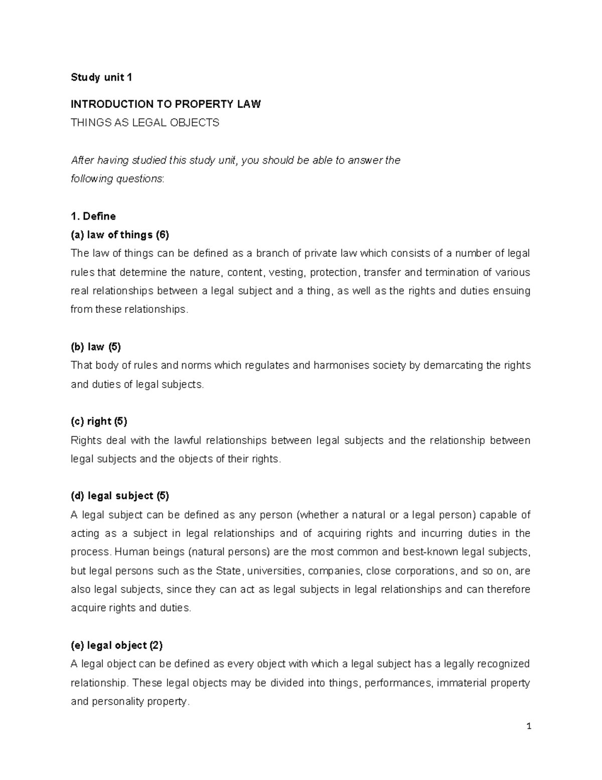 Study guide activities - Study unit 1 INTRODUCTION TO PROPERTY LAW ...