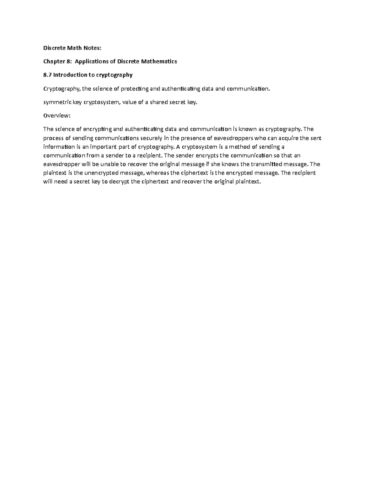 Discrete Math Notes 8 7 Introduction To Cryptography Discrete Math