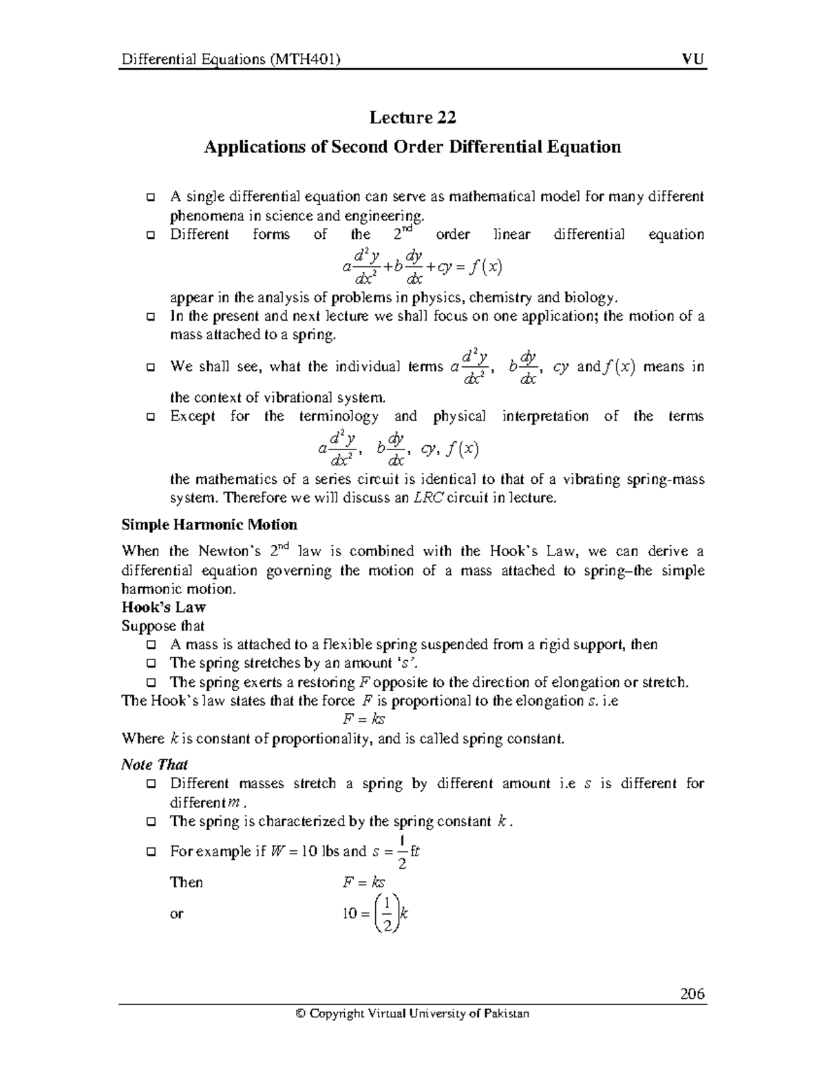 Lecture 22 - Differential Equation notes - Lecture 22 Applications of ...
