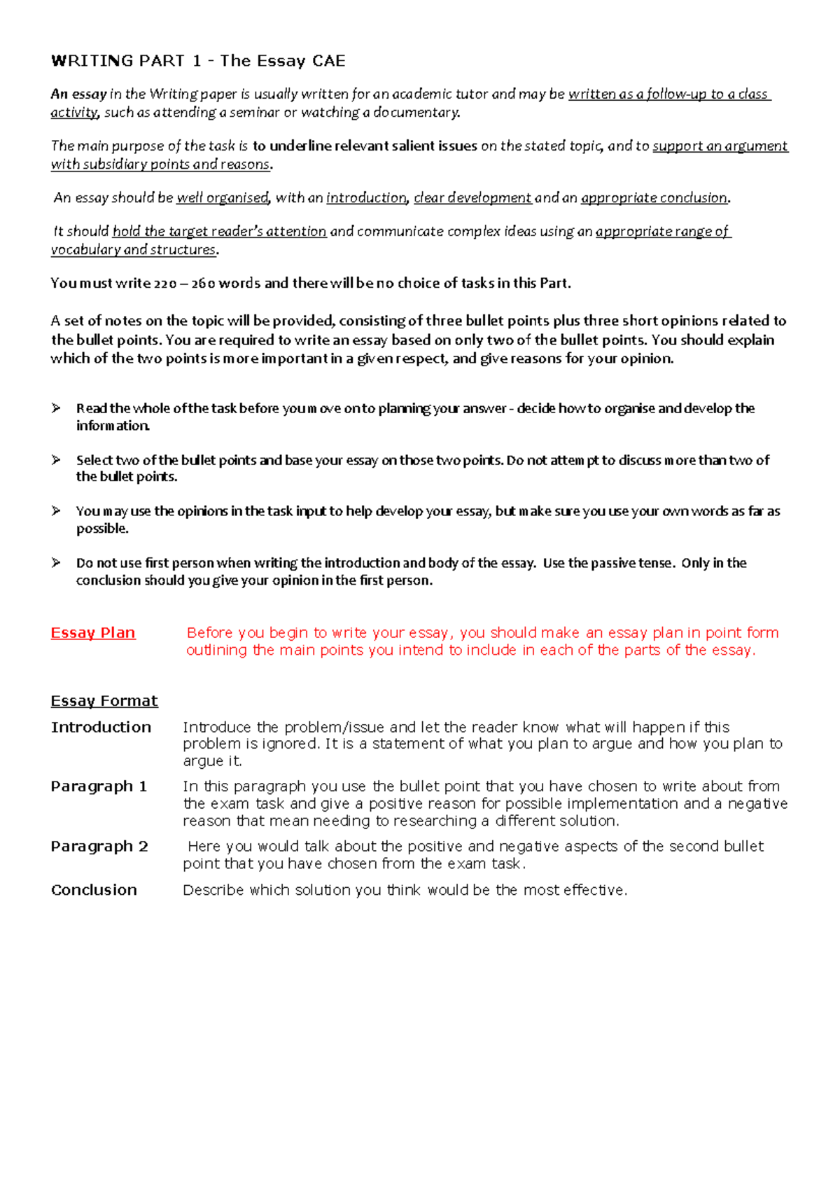C1 Level Essay Instructions - WRITING PART 1 - The Essay CAE An essay ...