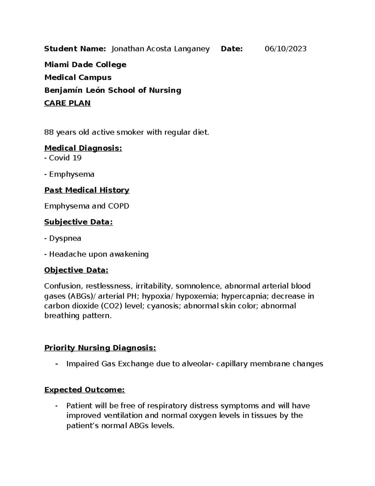 Nursing Care Plan for Patient with Covid-19 & Emphysema - Student Name ...