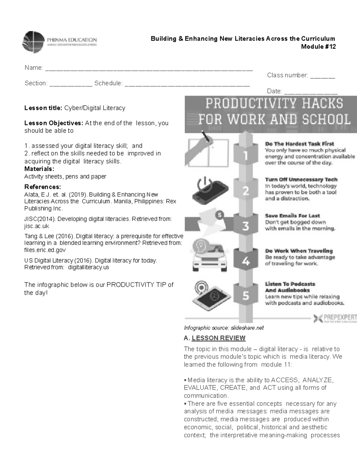 SS#12 - EDU 538: Digital literacy: activity sheet 12: with answer key - Building & Enhancing New ...