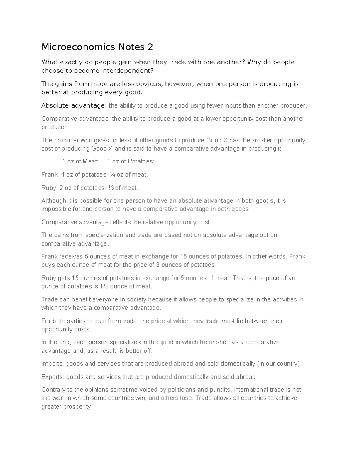 Microeconomics Notes 2 - Absolute advantage: the ability to produce a ...