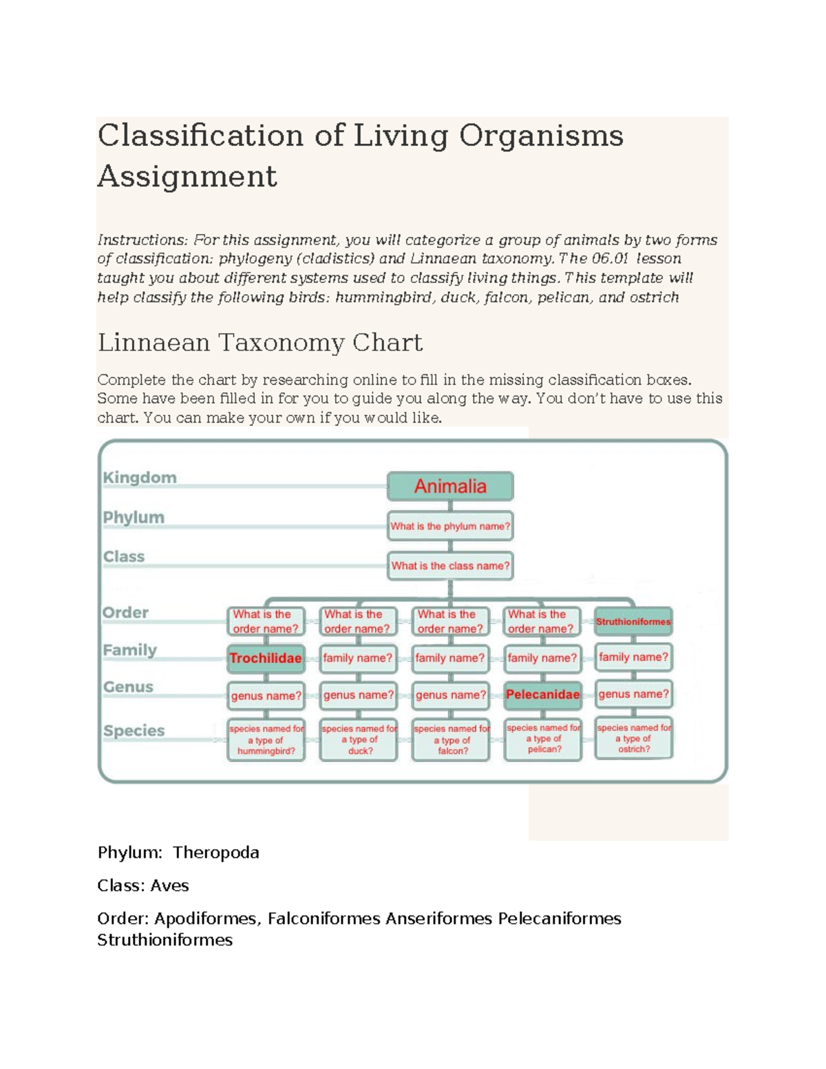 Classification of Living Organisms Assignment - Classification of ...