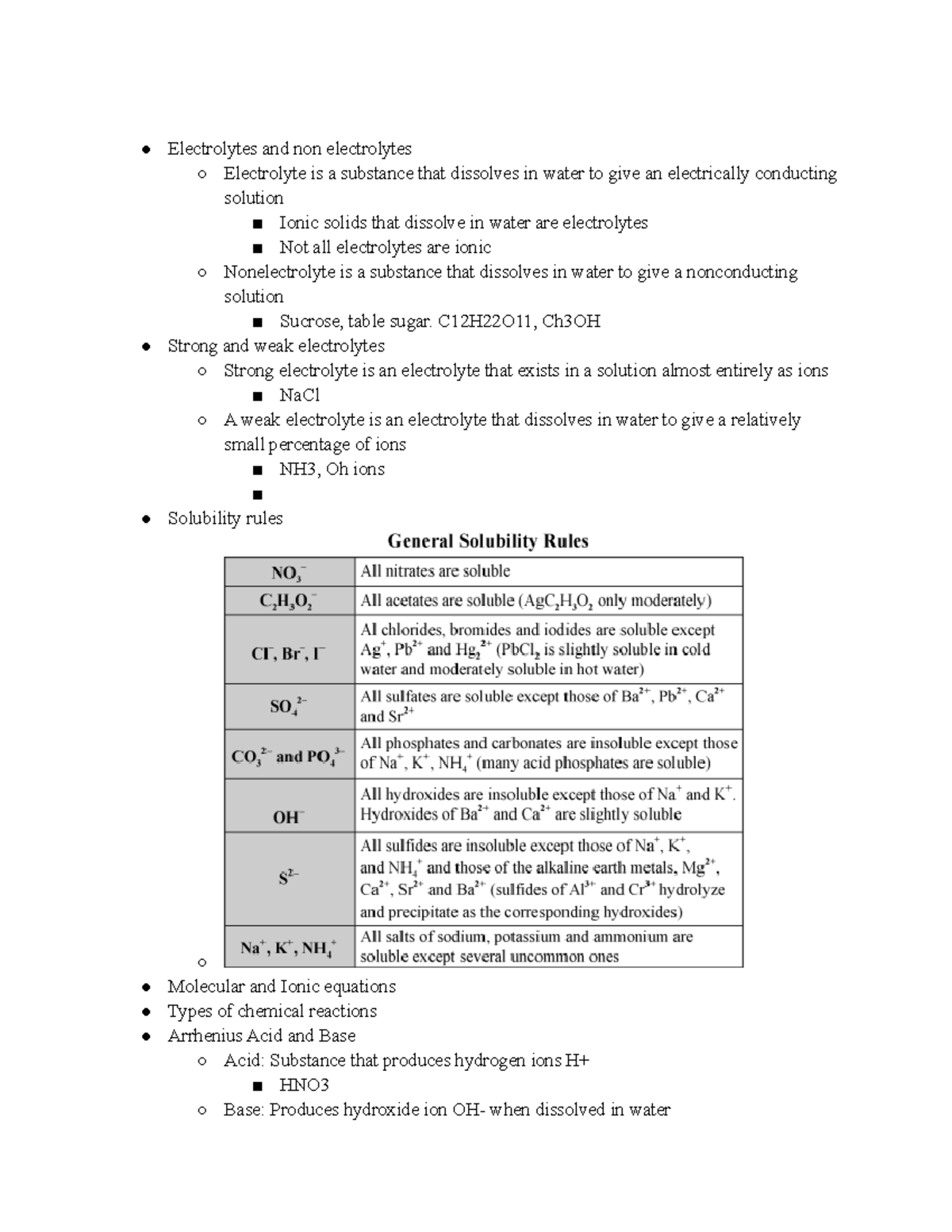 Chemistry 1 Final Exam Notes - Electrolytes and non electrolytes ...
