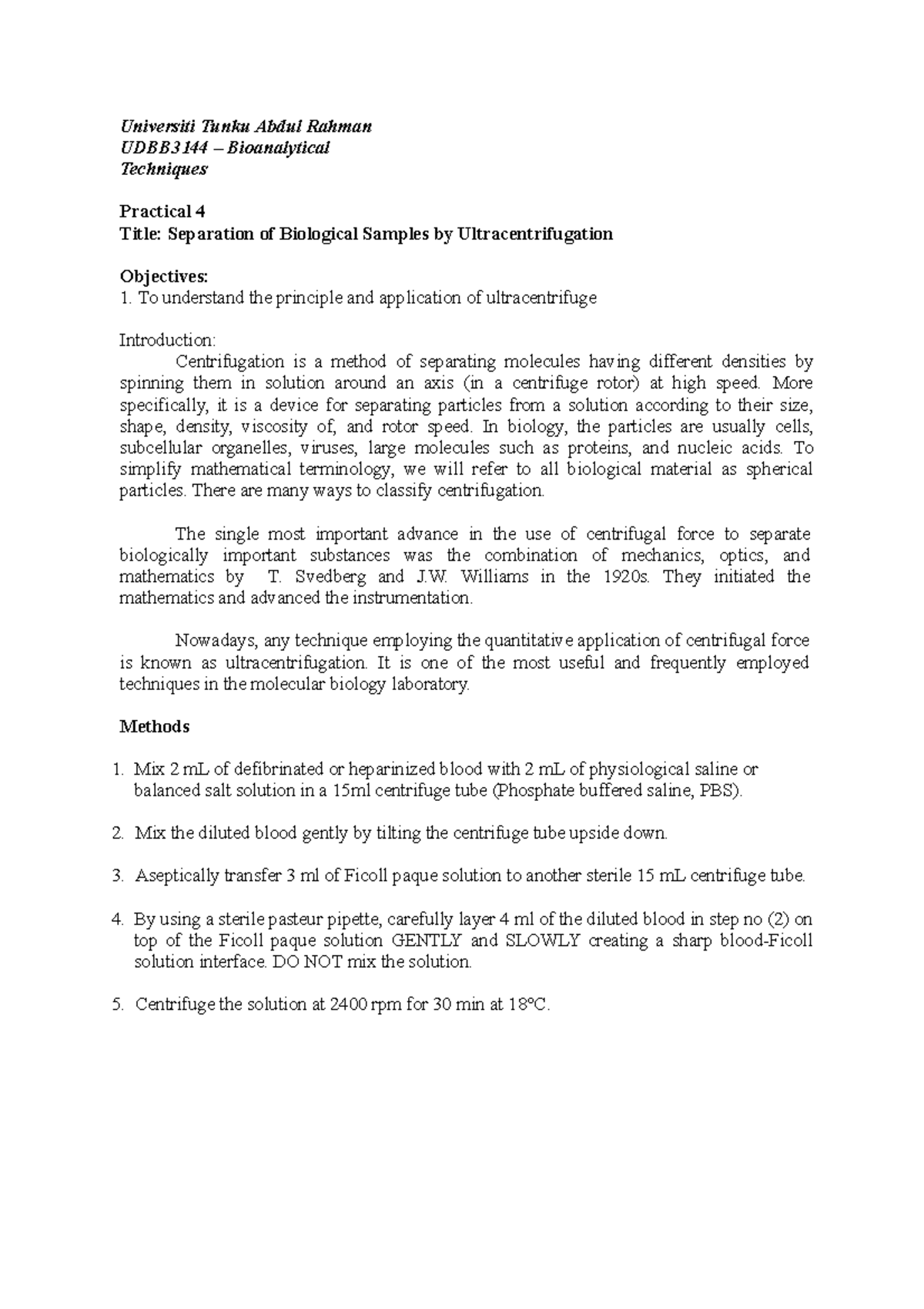 Practical 3 Ultracentrifugation Universiti Tunku Abdul Rahman Udbb3144 Bioanalytical