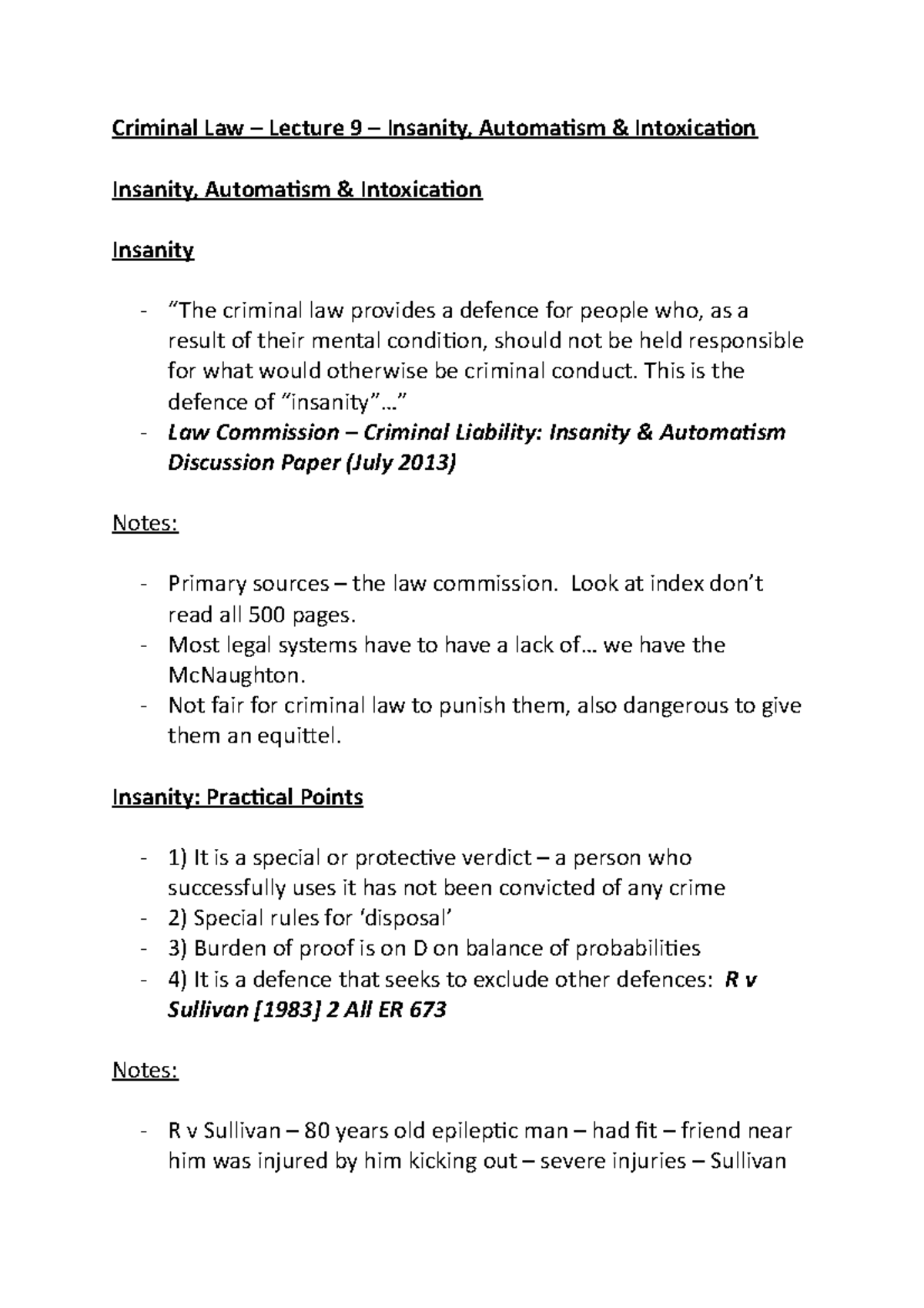 Criminal Law – Insanity, Automatism & Intoxication - Criminal Law ...