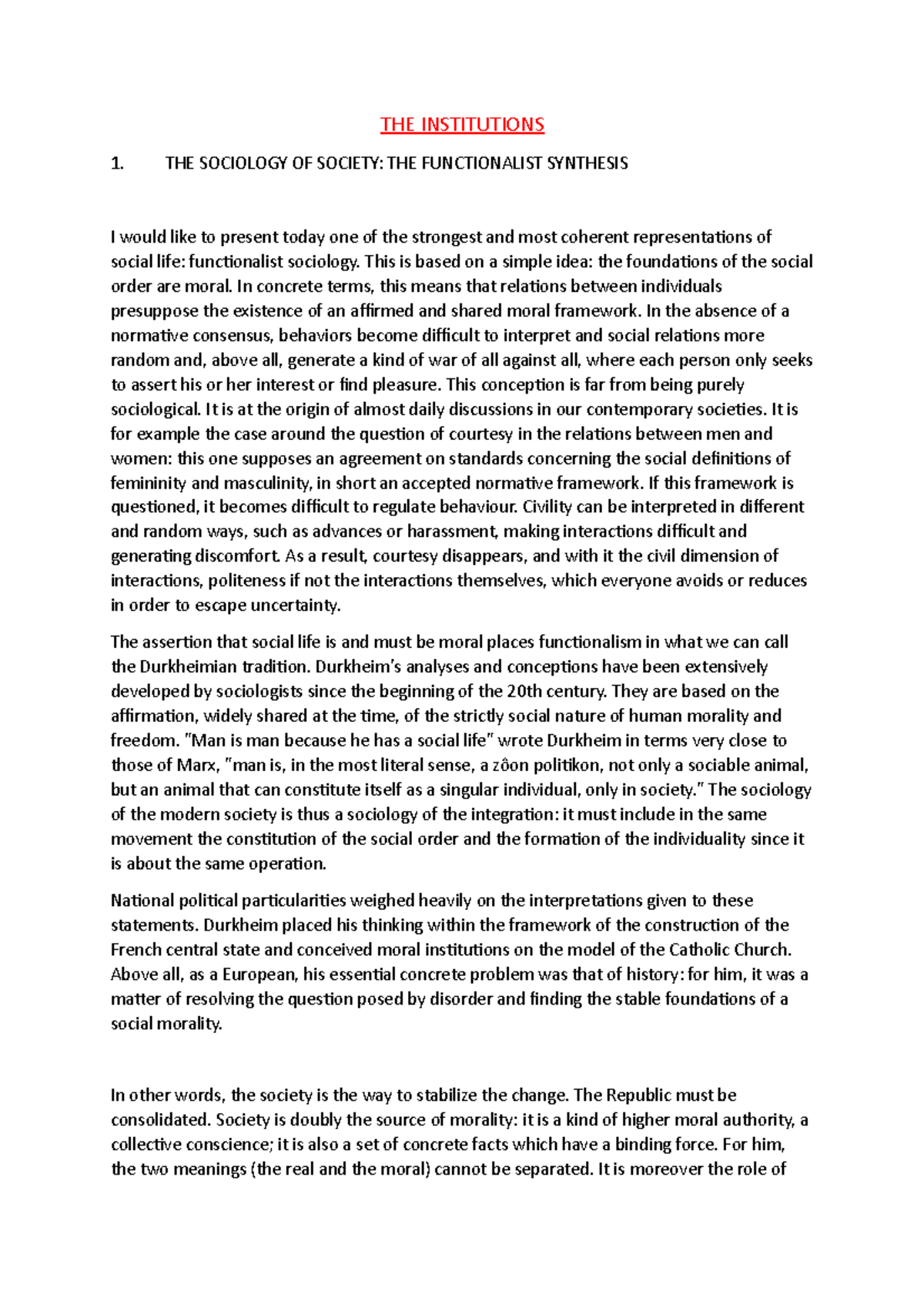 Introduction to sociology 17 - THE INSTITUTIONS 1. THE SOCIOLOGY OF ...