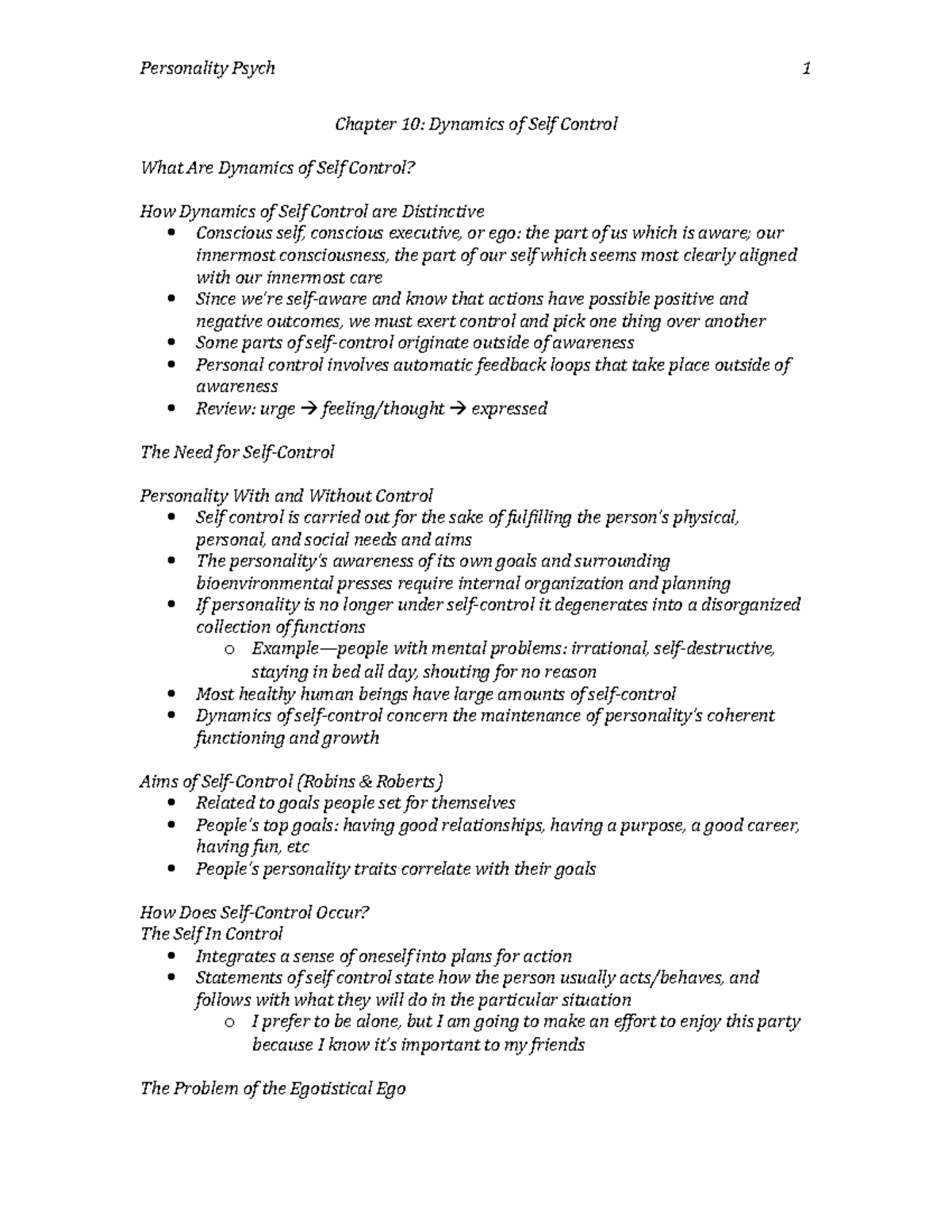 Chapter 10 book notes - Personality Psych 1 Chapter 10: Dynamics of ...